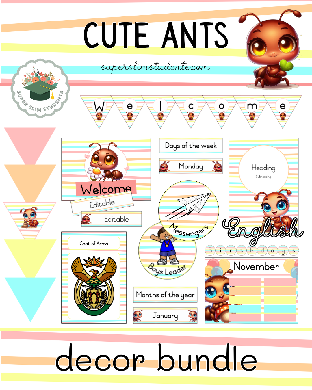 Cute Ants Theme / Decor Bundle [Choose Language] – Super Slim Studente