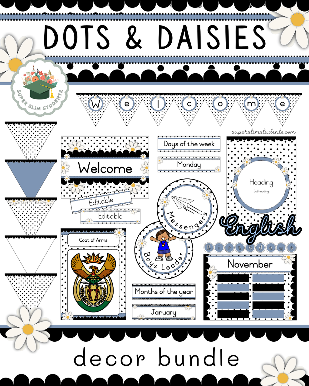 Dots & Daisies Theme / Decor Bundle [Choose Language] – Super Slim Studente